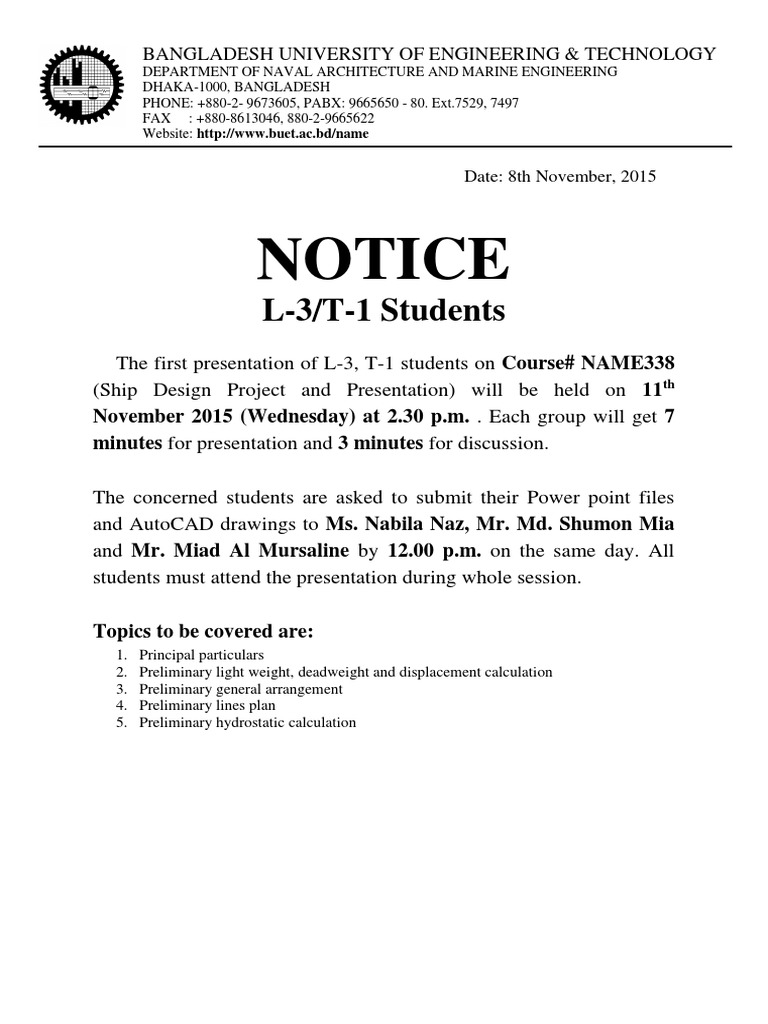 Ship Design Project Presentation Notices for L-3 Students of Bangladesh ...