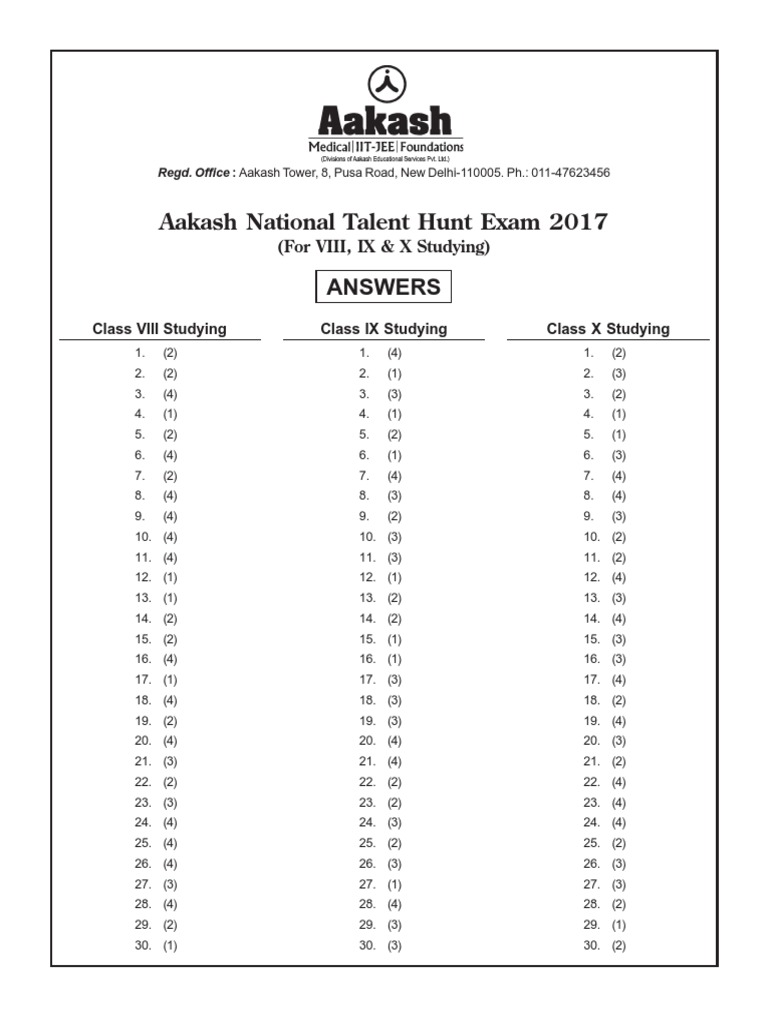 Aakash National Talent Hunt Exam 2017: Answers | PDF