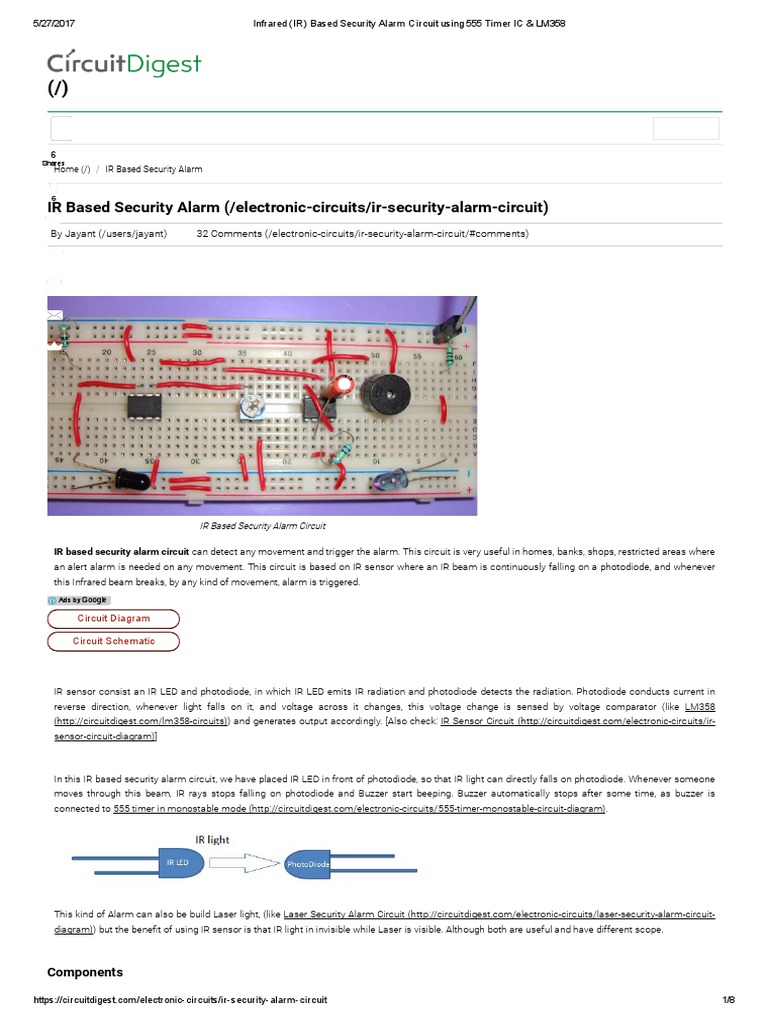 Infrared (IR) Based Security Alarm Circuit Using 555 Timer IC & LM358 ...