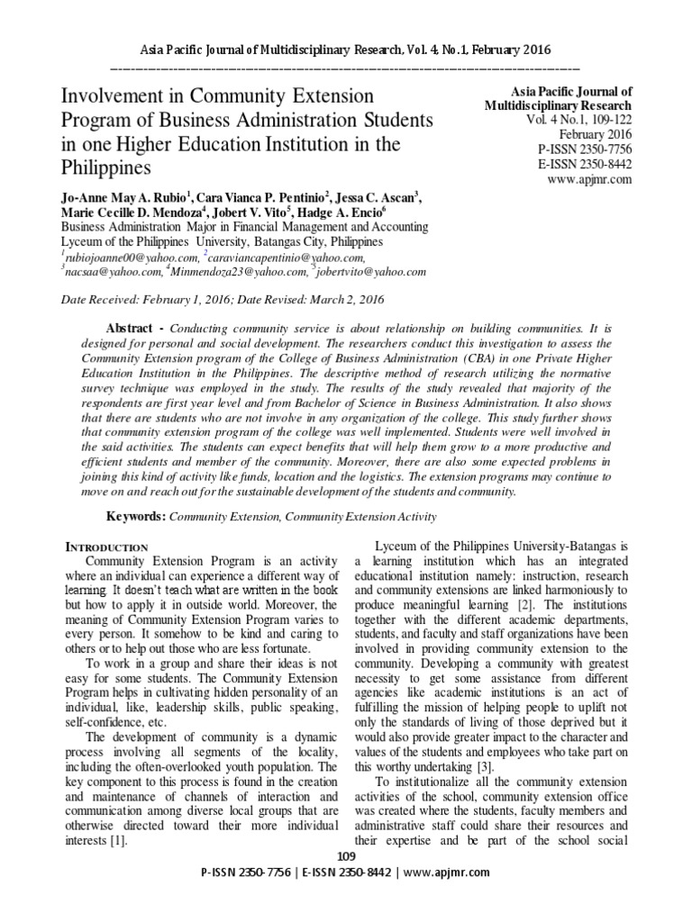 Involvement in Community Extension Program of Business Administration ...