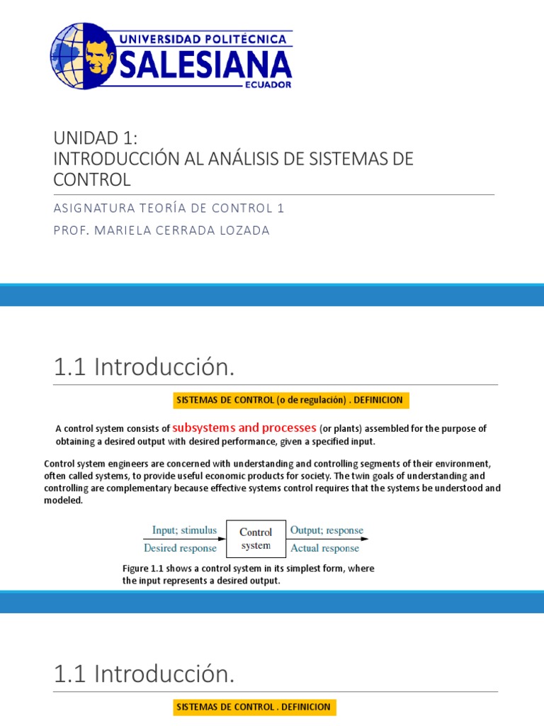 Unidad 1: Introducción Al Análisis de Sistemas de Control: Asignatura Teoría de Control 1 Prof ...