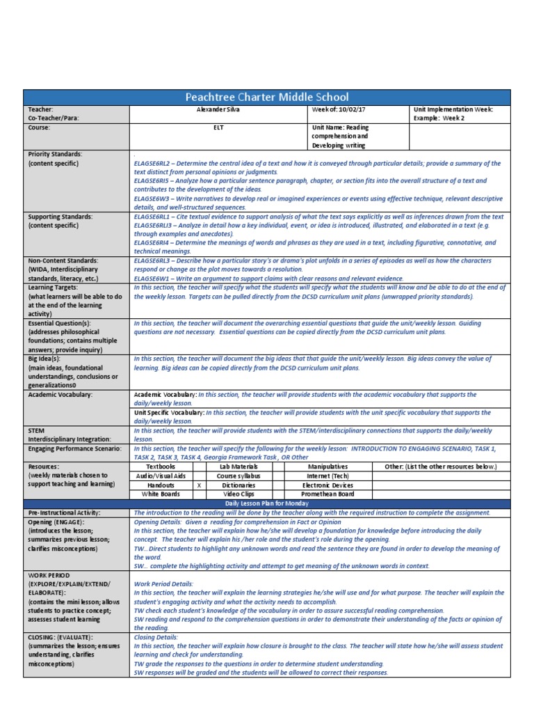 Peachtree Charter Middle School: Daily Lesson Plan For Monday | PDF ...