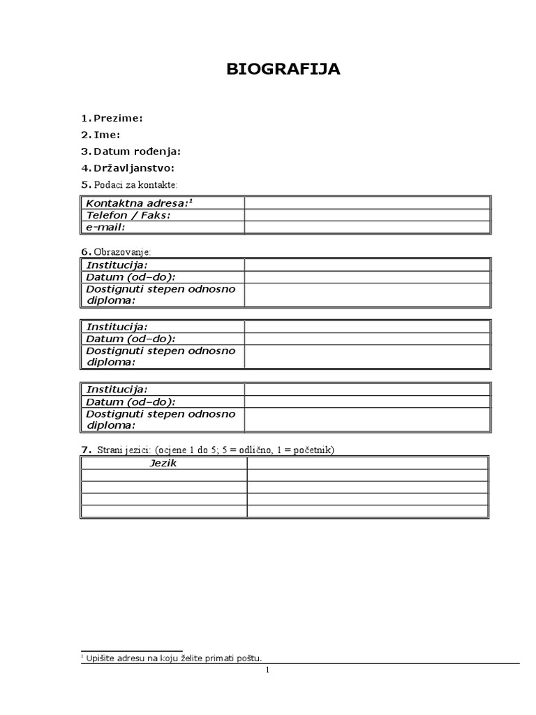 Obrazac Za Popunjavanje Biografije | PDF