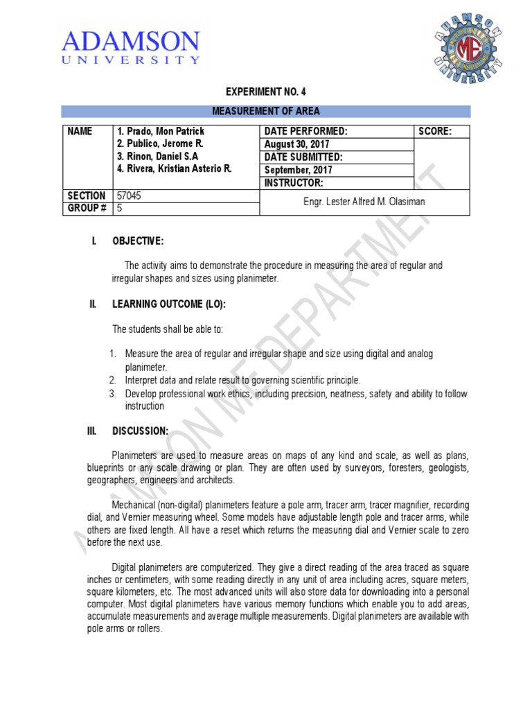 Exp. No 4. Measurement of Area | PDF | Experiment | Measurement