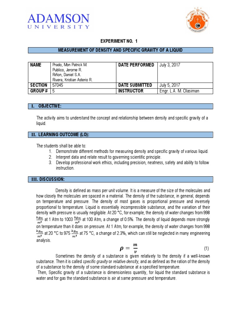 Exp. No 1. Measurement of Density and Specific Gravity of A Liquid ...