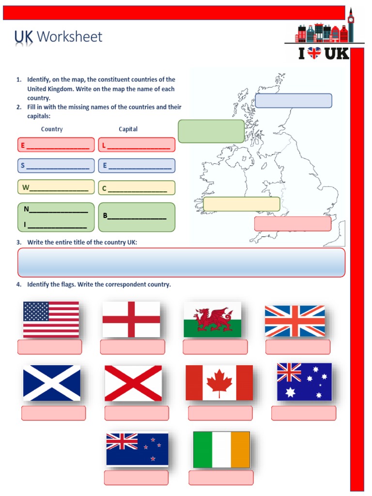United Kingdom Geography Worksheet: Identifying Countries, Capitals ...