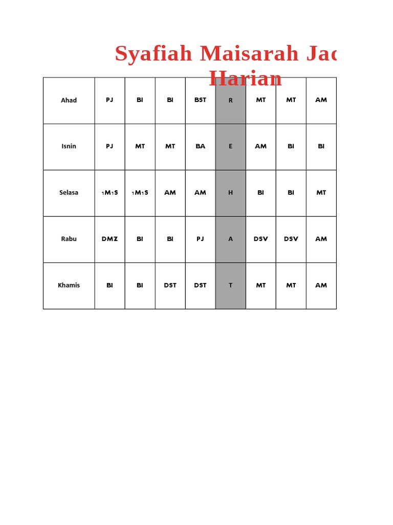 Syafiah Maisarah Jadual Harian: Ahad PJ BI BI BST R MT MT AM | PDF