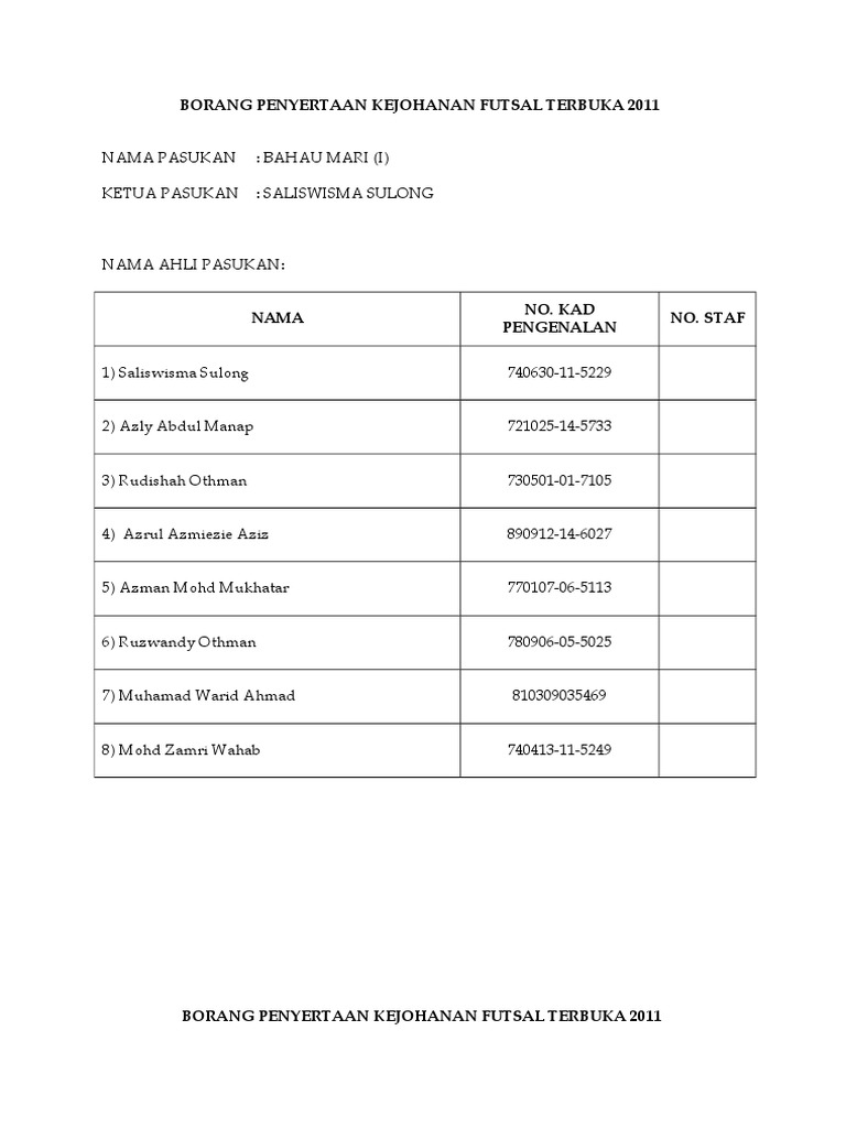 Borang FUTSAL (Penyertaan) | PDF