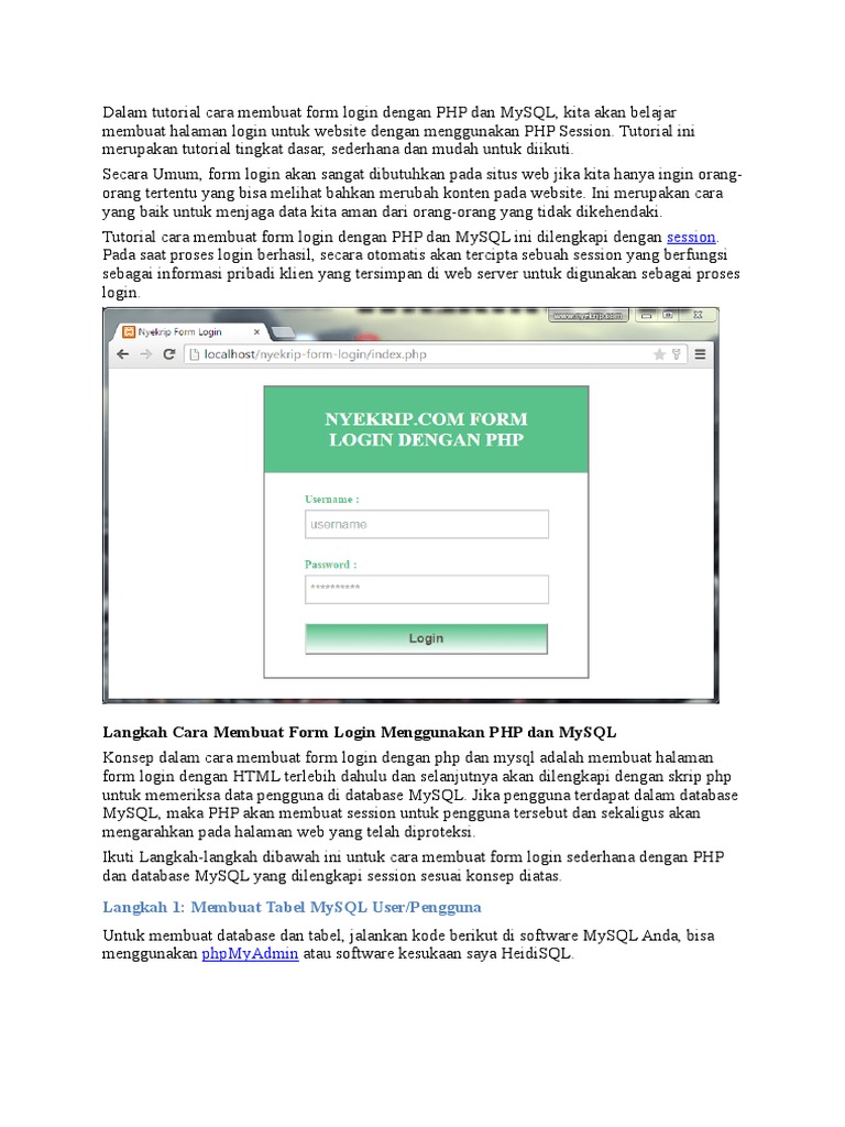 Tutorial Cara Membuat Form Login Dengan PHP Dan Mysql | PDF