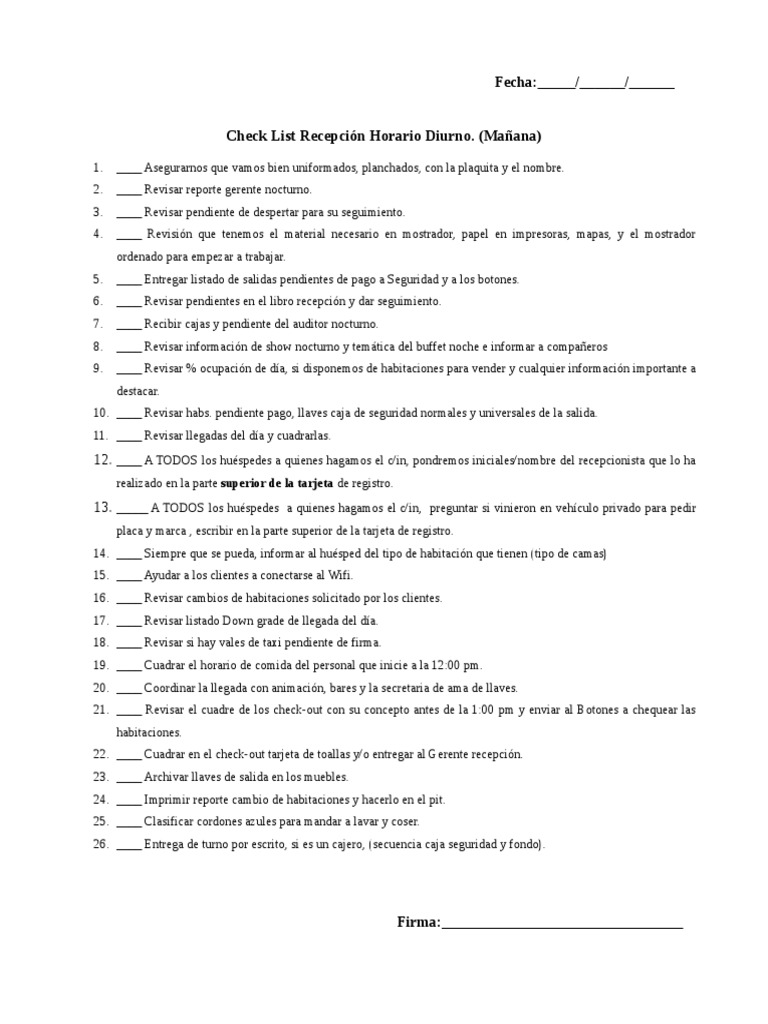 Checklist diario para el personal de recepción para garantizar una ...