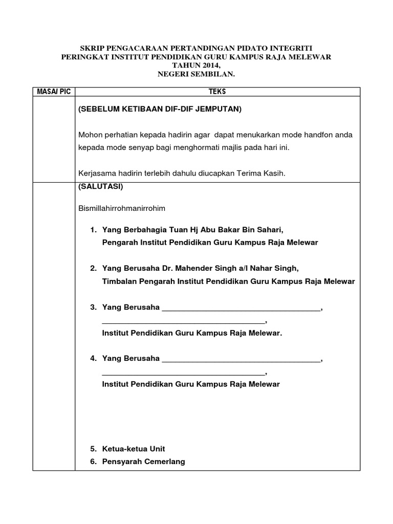 Skrip Pengacaraan Pertandingan Pidato Integriti | PDF