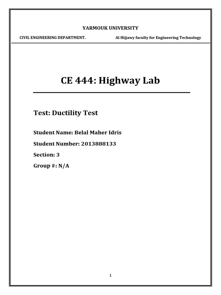CE 444: Highway Lab: Test: Ductility Test | PDF | Density | Asphalt