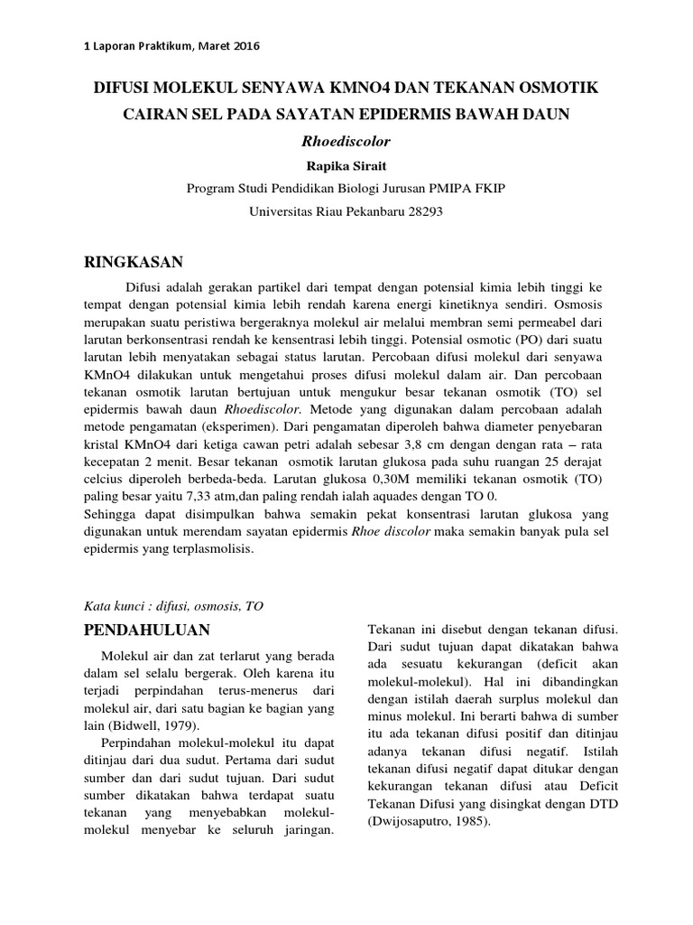 Difusi Molekul dan Tekanan Osmotik Sel pada Sayatan Epidremis Daun ...