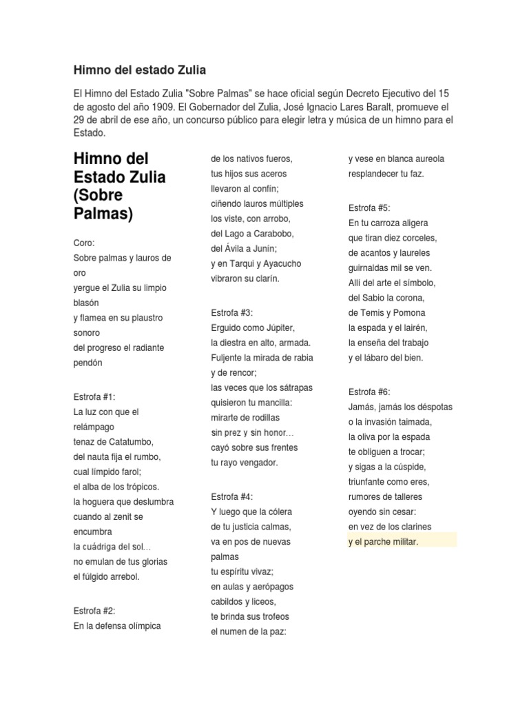 Himno Del Estado Zulia | PDF | Himnos | Canciones institucionales