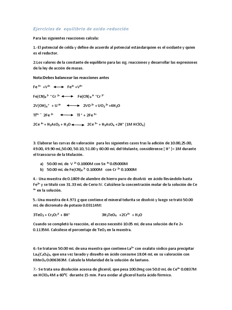 Ejercicios de Equilibrio de Oxido Reduccion | PDF | Redox | Hierro