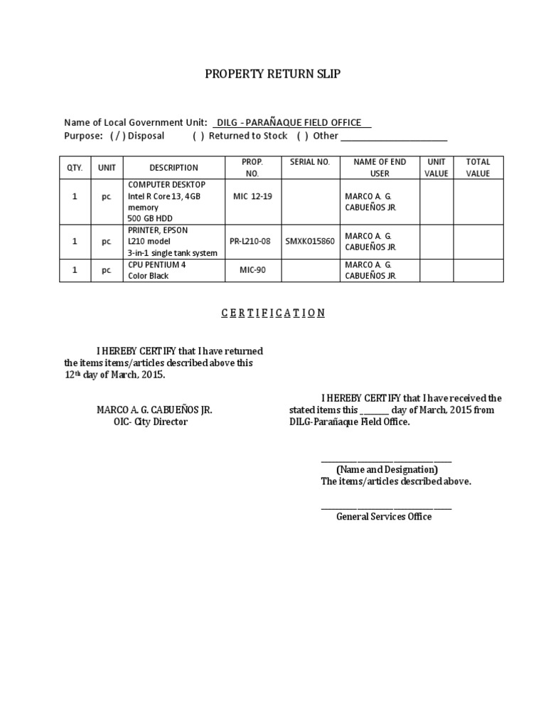 Property Return Slip