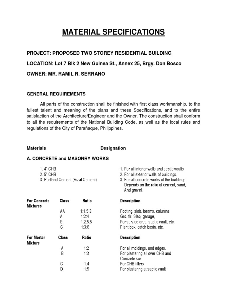 Material Specifications | PDF | Framing (Construction) | Tile