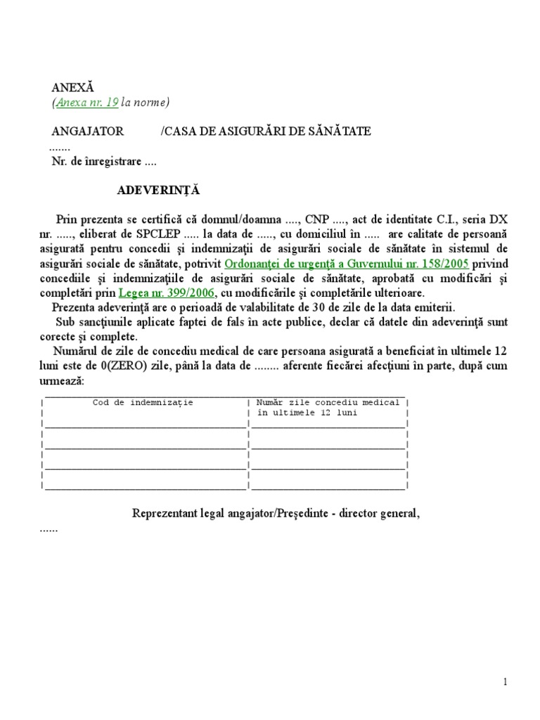Anexa 19 - Adeverinta Cu Numarul de Zile de Concediu Medical Pentru ...