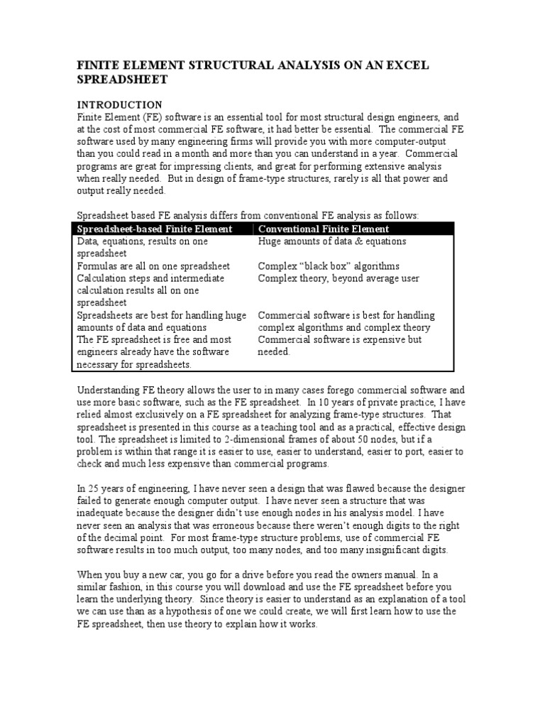 Final Element Structural Analysis On An Excel Spreadsheet Pdf Cartesian Coordinate System