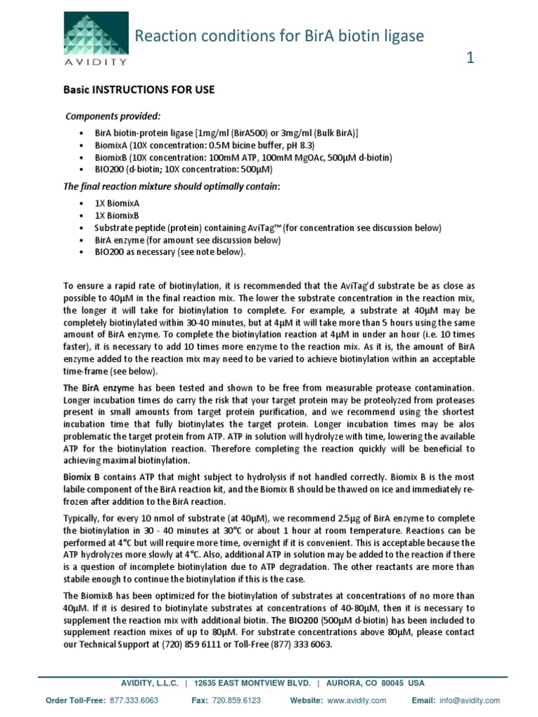 Reaction Conditions For BirA Biotin Ligase | PDF | Biochemistry | Chemistry