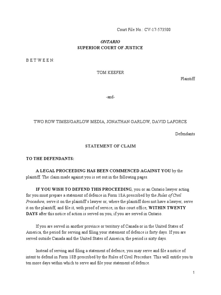 Lawsuit Filed by Tom Keefer Against Jonathan Garlow, David Laforce, and ...