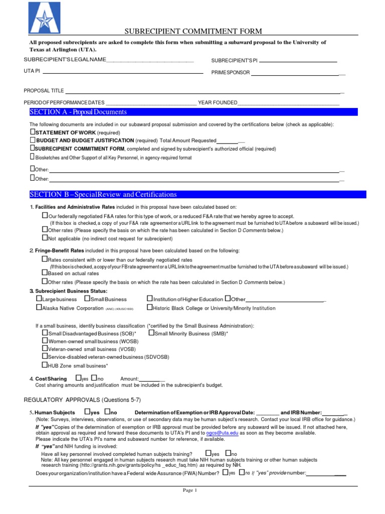 UTA Subrecipient Commitment Form | PDF | Government | Government ...