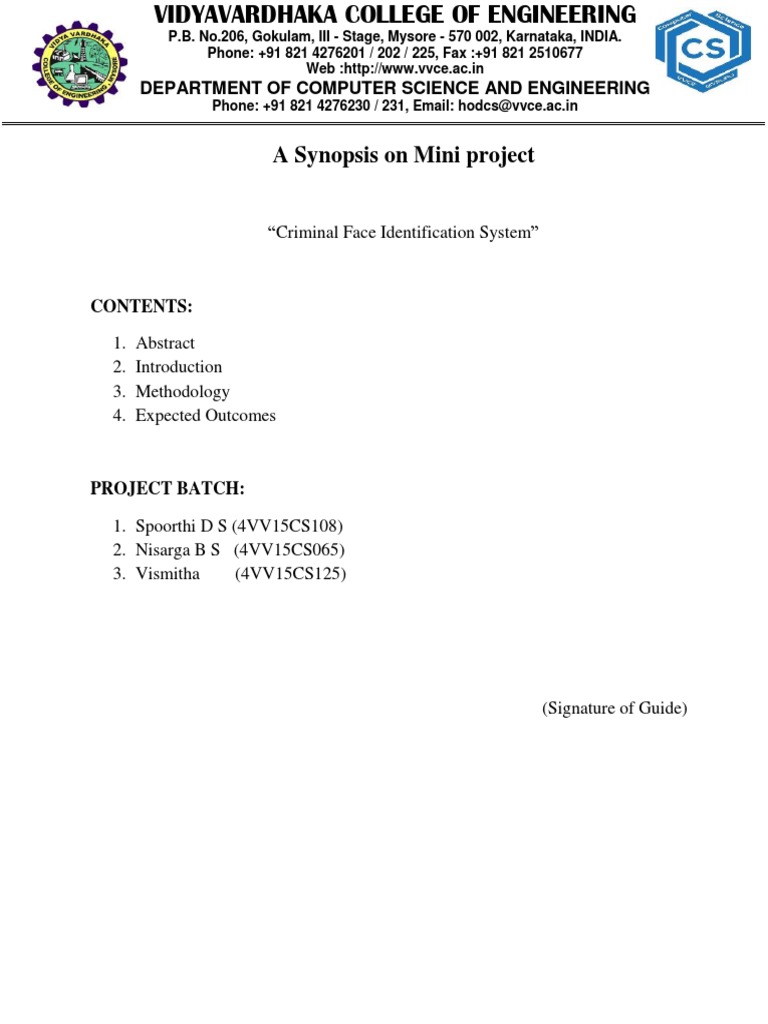 A Synopsis On Mini Project Criminal Face Identification System Pdf Fax Engineering