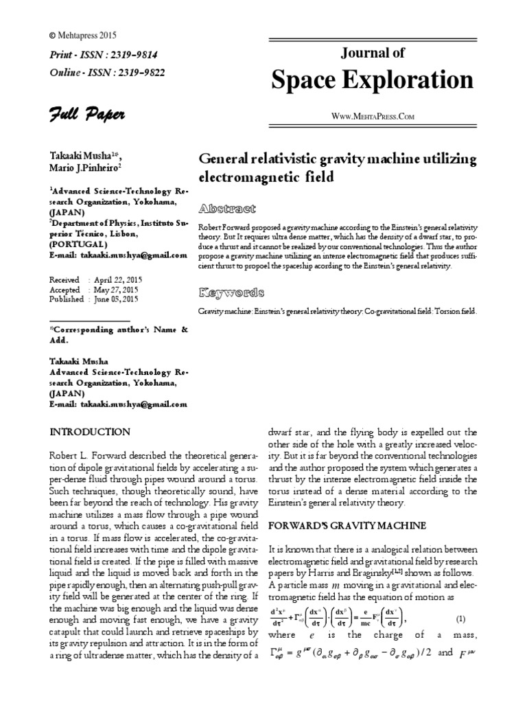 General Relativistic Gravity Machine Utilizing Electromagnetic Field | PDF | Gravity | General ...