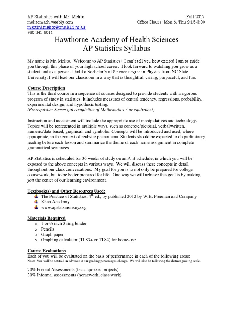 AP Statistics Syllabus by Mr. Melito | PDF | Statistics | Statistical ...