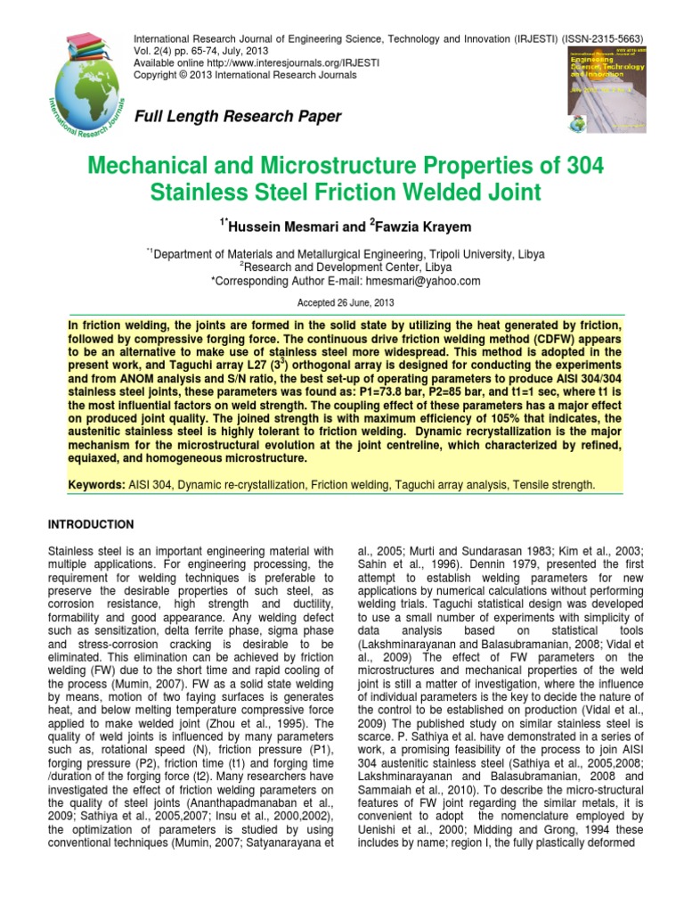 Mechanical and Microstructure Properties of 304 Stainless Steel Friction Welded Joint | Download ...