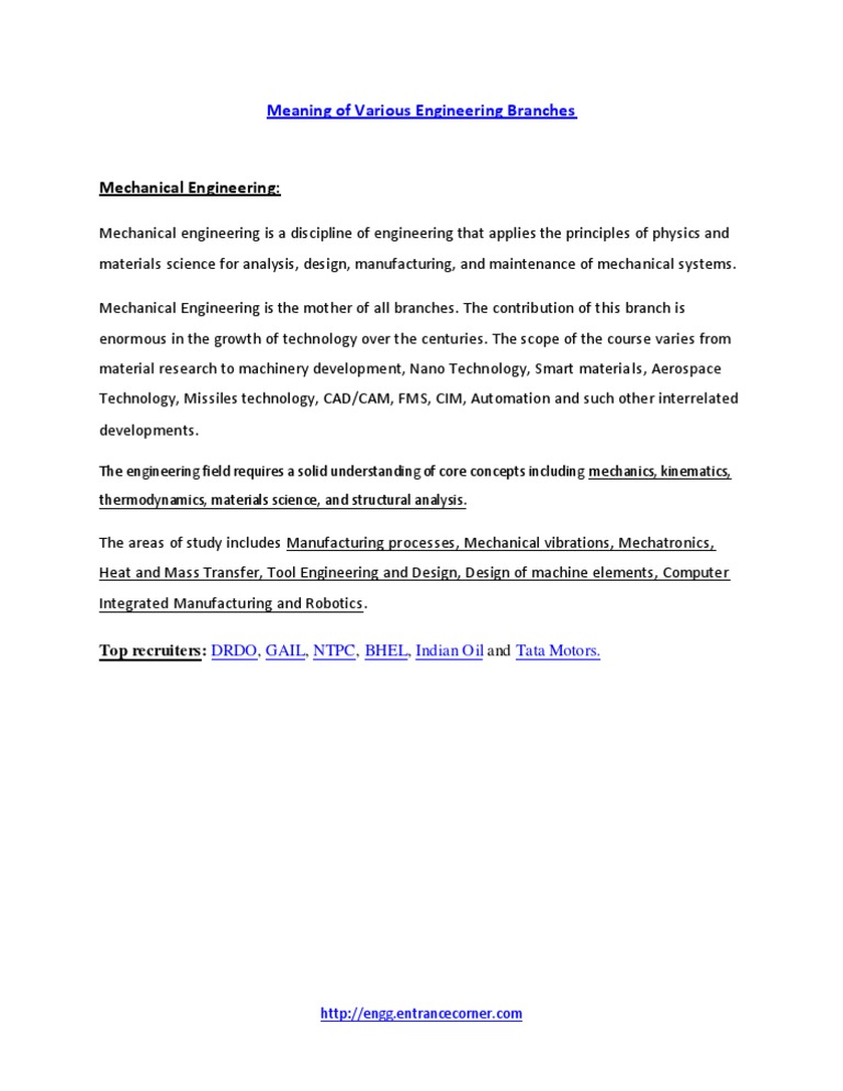 Overview of Mechanical Engineering Branch | PDF