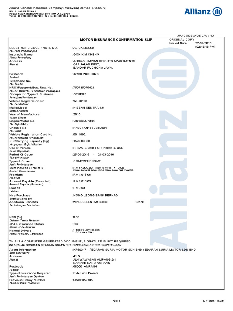 Motor Insurance Confirmation Slip: Kod JPJ | PDF