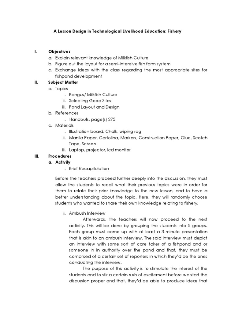 A Lesson Design in Technological Livelihood Education: Fishery | PDF ...