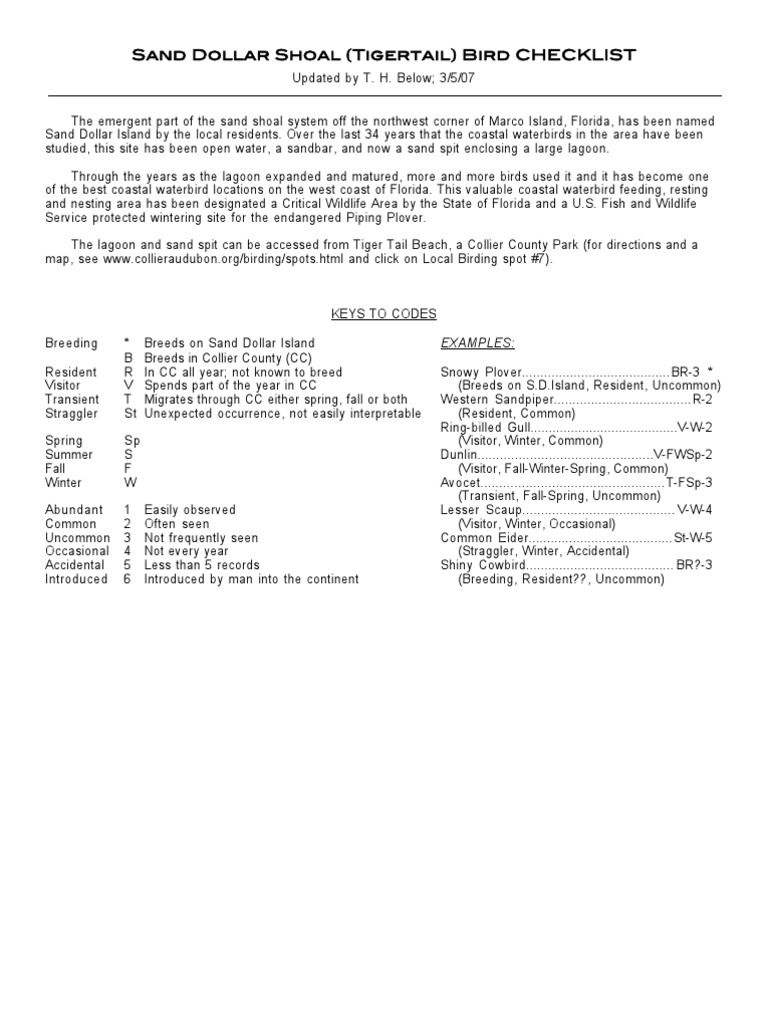 Sand Dollar Shoal Bird CHECKLIST | PDF | Gull | Shoal