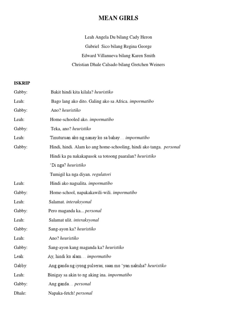 Script - Mean Girls | PDF