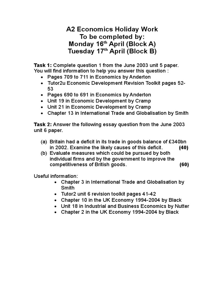 A2 Economics Holiday Work | PDF | World Economy | Economics