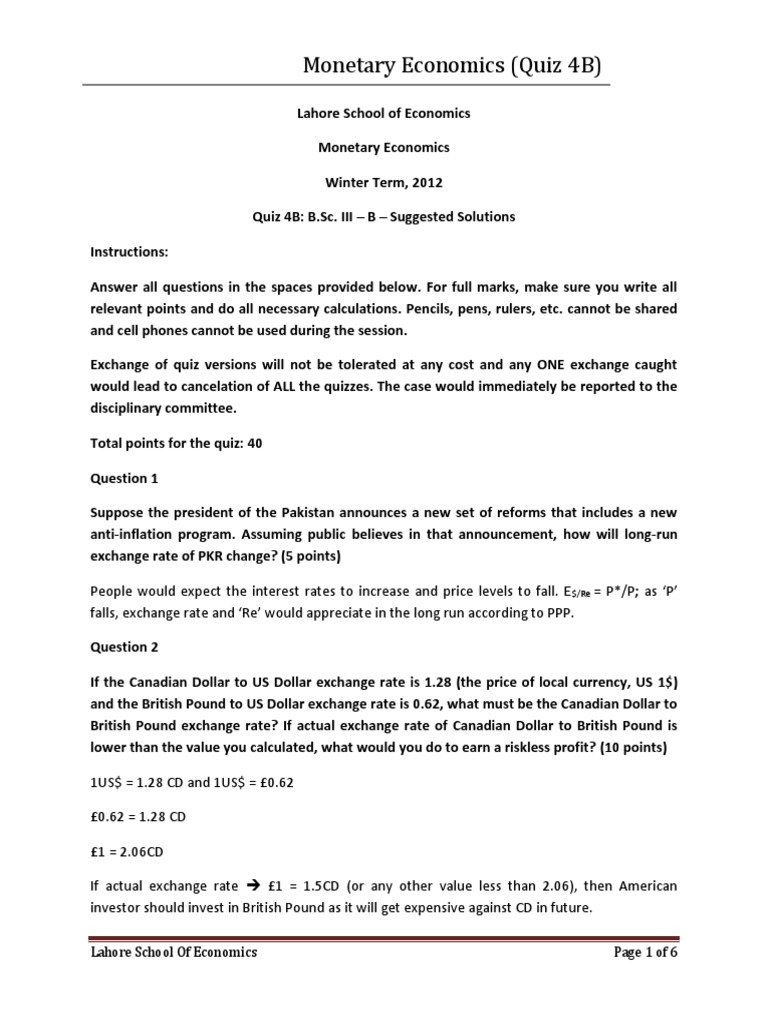 Quiz 4B B2012 Monetary | PDF | Monetary Policy | Exchange Rate