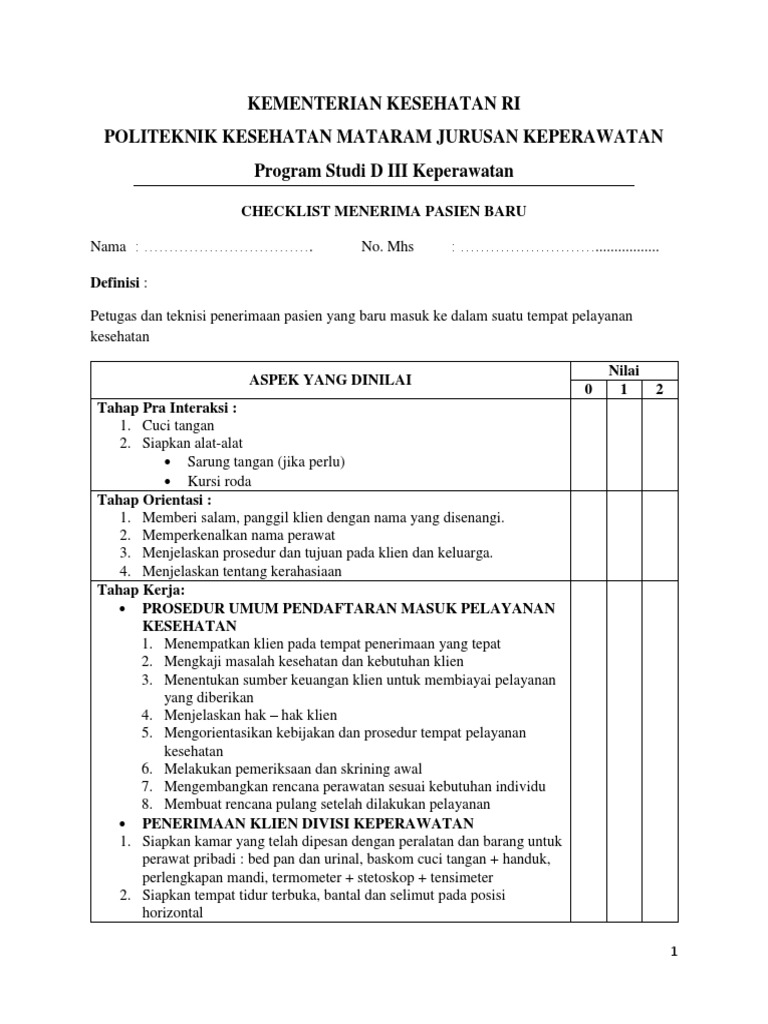 Checklist Penerimaan Pasien Baru | PDF | Sains & Matematika