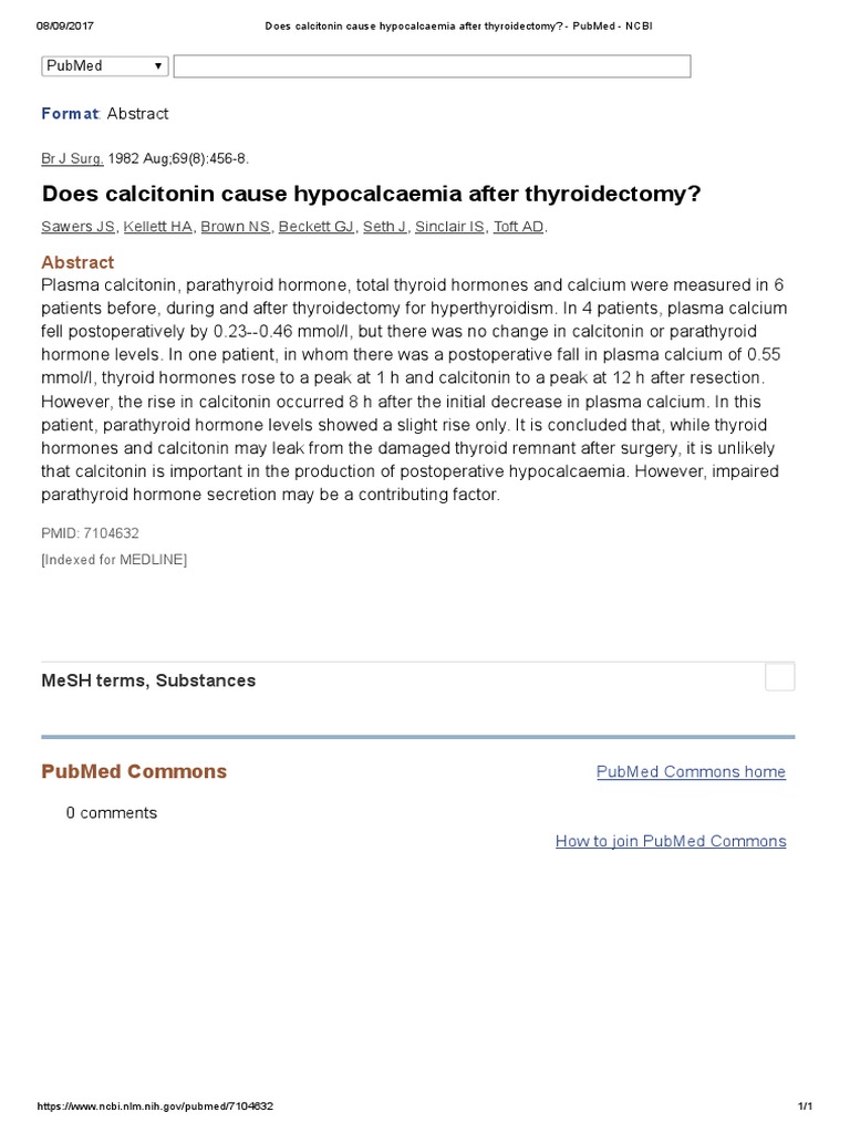 Calcitonin And Hypocalcaemia Post Thyroidectomy Pdf Wellness