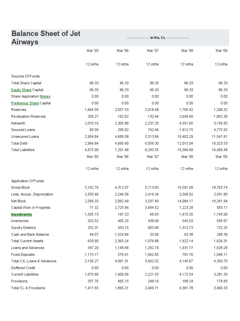 Jet Airways Balance Sheet Overview | PDF | Balance Sheet | Loans