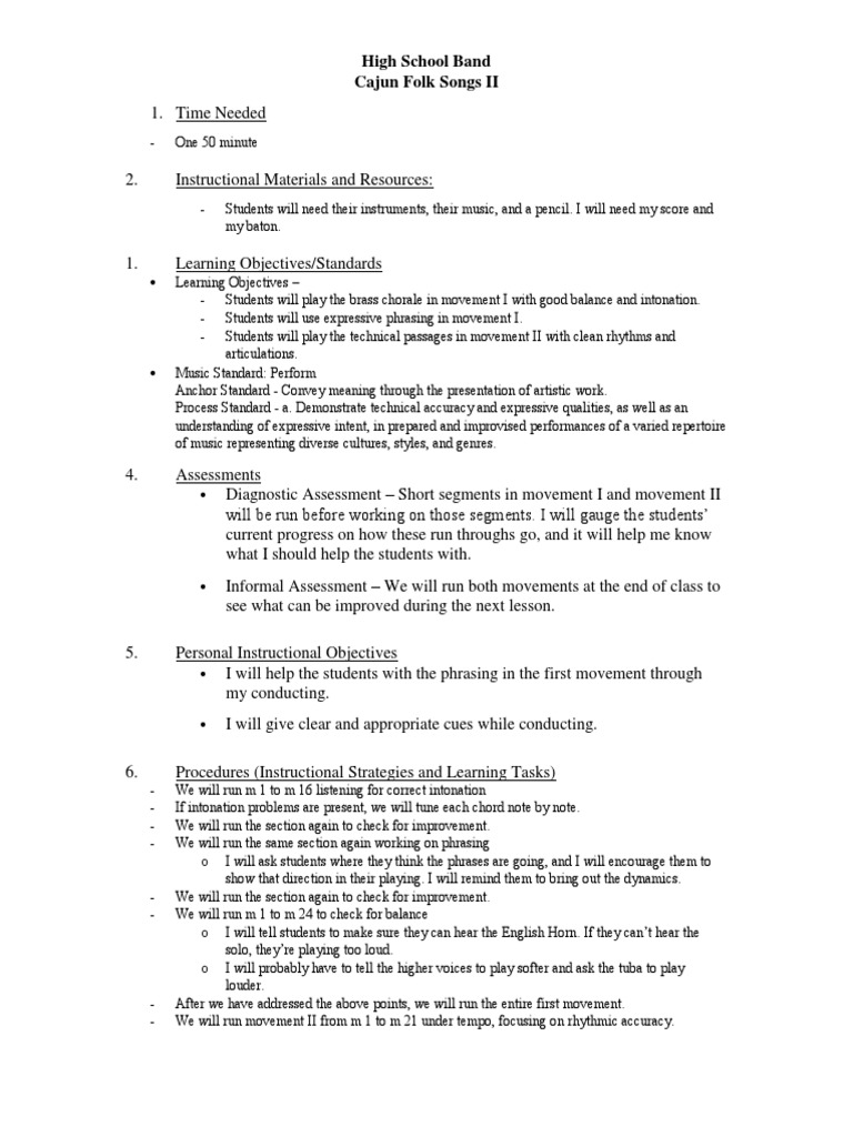 Lesson Plan For Cajun Folk Songs II | PDF | Educational Assessment ...