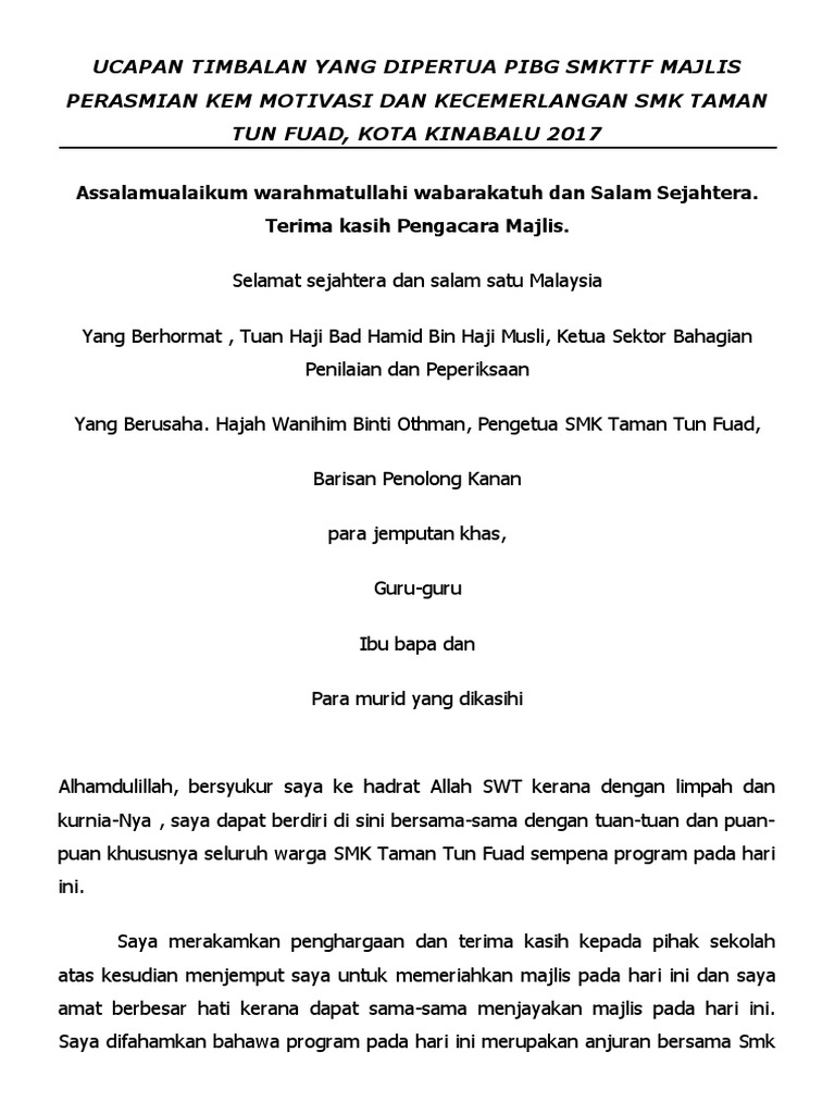 Ucapan Timbalan Ydp Pibg Kem Kecemerlangan | PDF | Karier & Perkembangan | Ilmu Sosial