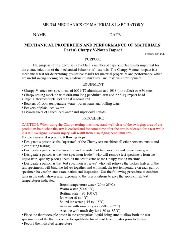 Me 354 Mechanics of Materials Laboratory Name Date | PDF | Fracture ...