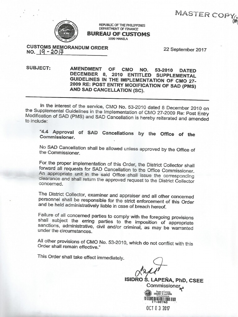 Bureau of Customs CMO 19-2017 - SAD cancellation