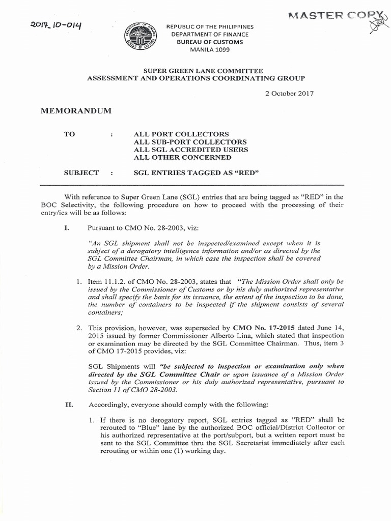 Bureau of Customs Memo 2017-10-014 SGL Entries Tagged as RED ...