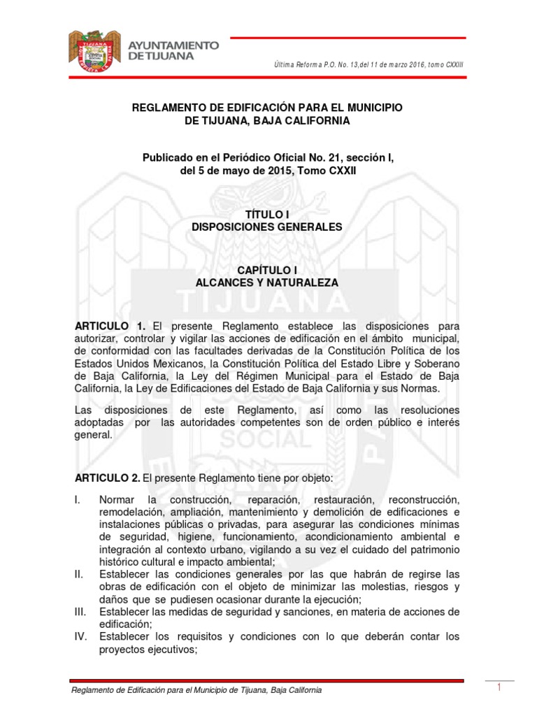 Reglamento de Edificación para El Municipio de Tijuana, Baja California | PDF | Regulación ...
