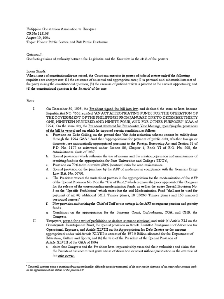 Philippine Constitution Case on Veto Power | PDF | Veto | United States ...
