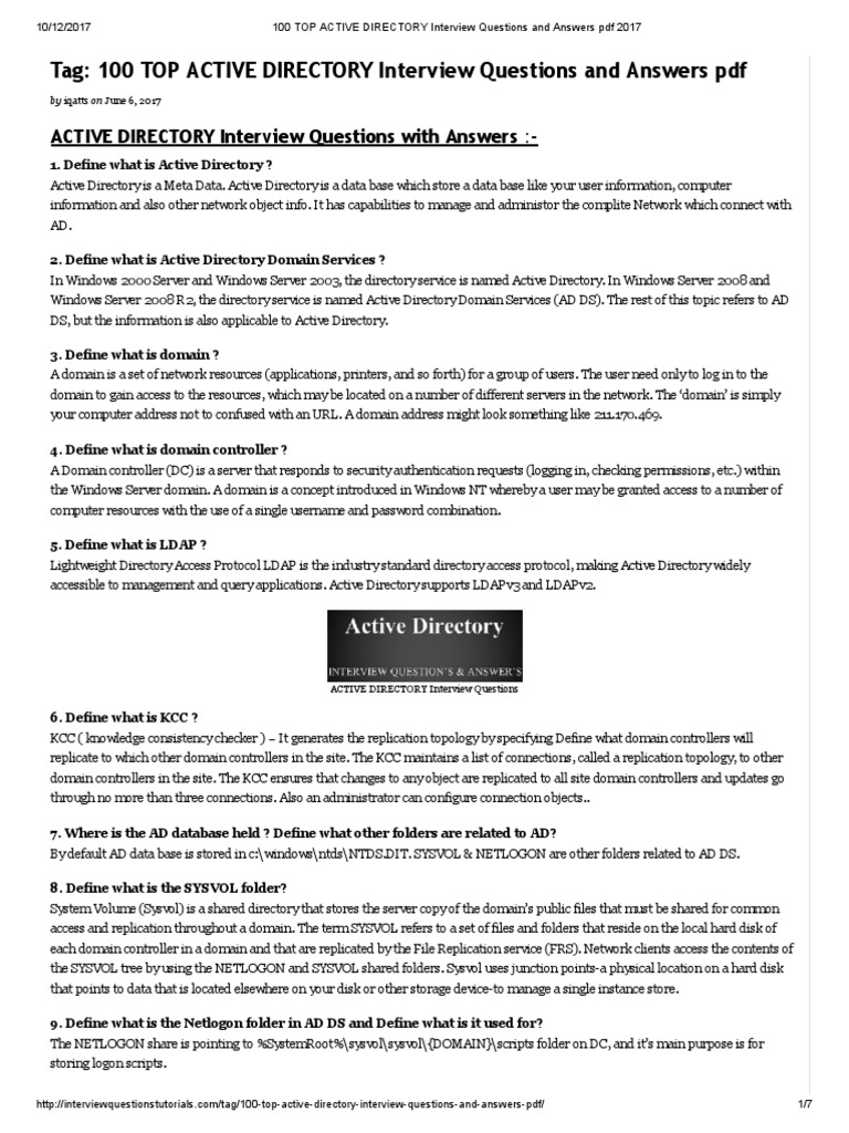 100 TOP ACTIVE DIRECTORY Interview Questions and Answers PDF 2017 | PDF | Active Directory ...