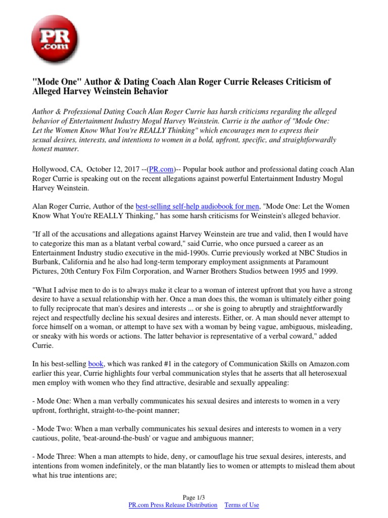 "Mode One" Author & Dating Coach Alan Roger Currie Releases Criticism ...