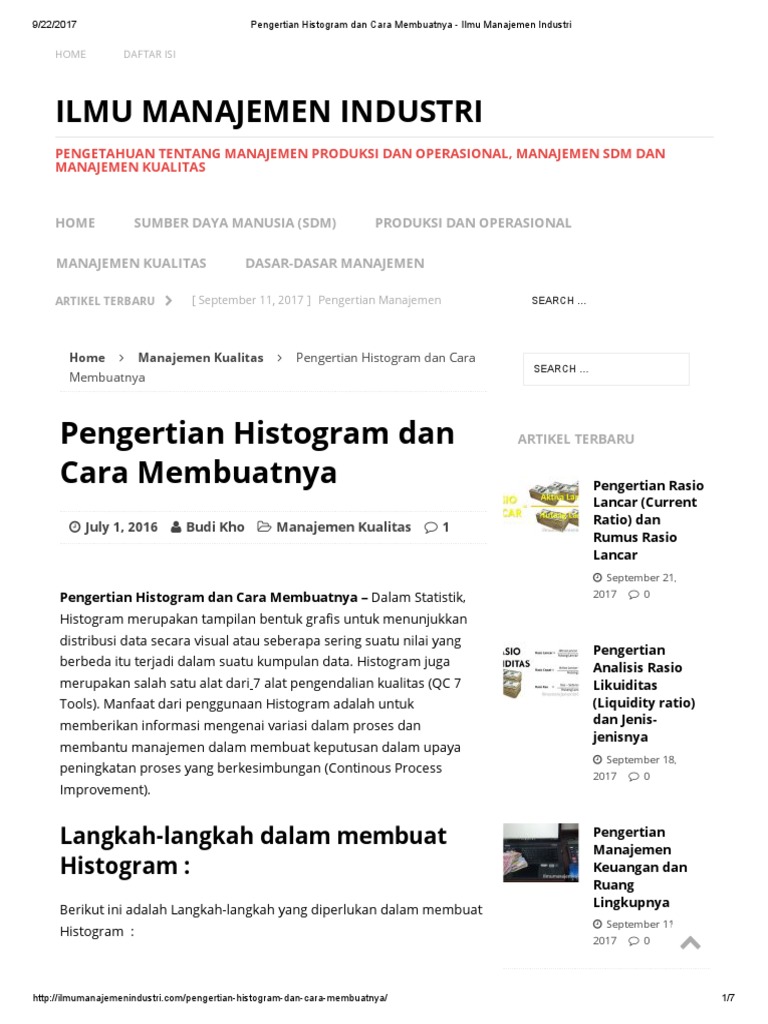 Pengertian Histogram Dan Cara Membuatnya - Ilmu Manajemen Industri | PDF